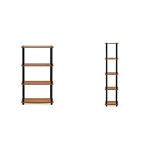 Furinno (99557LC/BK Turn-N-Tube 4-Tier Multipurpose Shelf Display Rack - Light Cherry/Black & Turn-N-Tube 5-Tier Corner Square Rack Display Shelf, Round, Light Cherry/Black