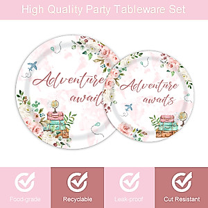 96 Pcs Adventure Awaits Baby Shower Tableware Set World Map Flower Travel and Adventure Begins Dinnerware for Girl Women Bridal Shower Party Decorations Plates Napkins Favors Serves 24 Guests