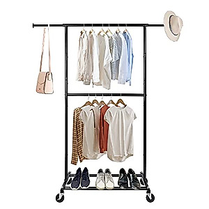 Fishat Simple Standard Double Rod Rolling Clothing Garment Rack for Hanging Clothes, Metal Clothes Organizer with Lockable Wheels (Black)