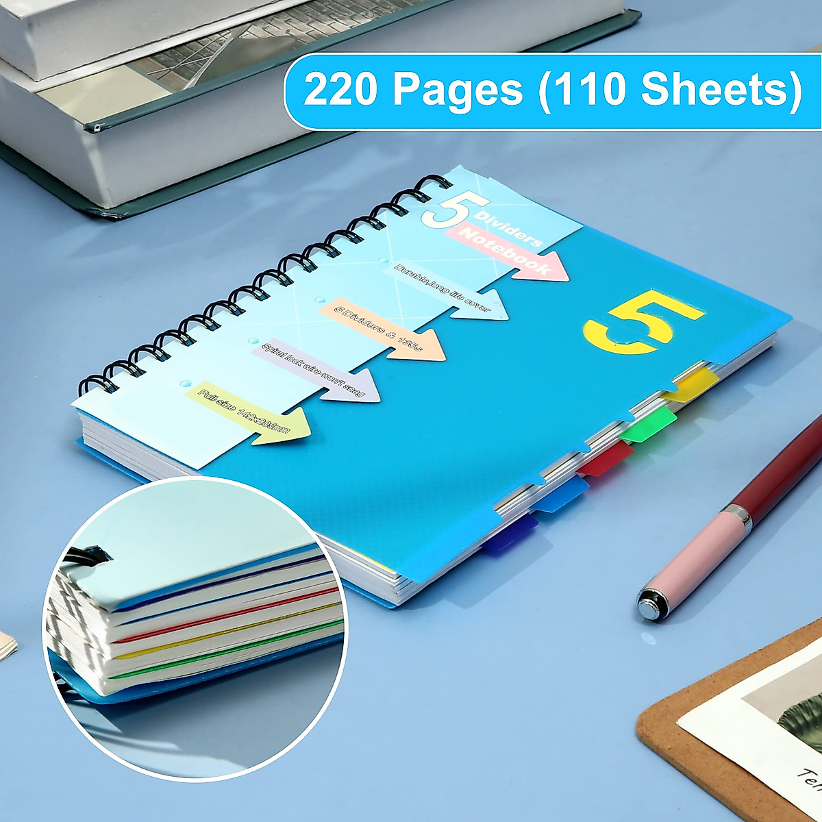 CAGIE 2 Pack Spiral Notebooks with Dividers 5 Subject Notebook with Tabs 5x7 Wide Ruled Hardcover A5 Spiral Bound Journal for Note Taking Work School Supplies, 220 Pages, Blue