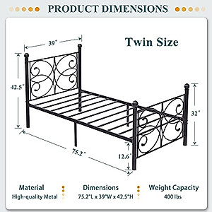 VECELO Twin Bed Frame with Headboard and Footboard, Metal Mattress Foundation, Heavy Duty Platform, No Box Spring Needed, Matte Black