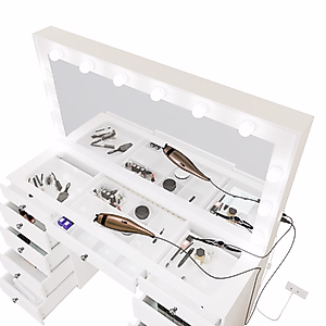 Boahaus Orla Extra Large Makeup Vanity Desk with Lights Built-in, Power Outlet, 11 Drawers, Hollywood Vanity Mirror, Glass Top Vanity, Crystal Knobs, White Big Vanity, 61.02''Hx56.3''Wx20.08''D