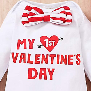 YOUNGER TREE 3PCS Newborn Infant Baby Boy Clothes My 1st Valentines Day Outfits Bow-tie Romper+Overalls Suspender Pants+Hat (6-12 Months, Bowtie Romper+Overalls +Hat)