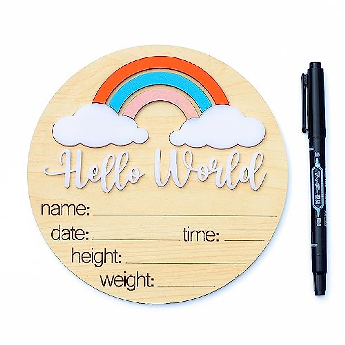 HONOCOOLS Wooden Baby Announcement Sign, Hello World Rainbow, 1 Piece, 3 Customizable Elements, 3D Dimensional, Easy to Display, Great Gift for New Parents