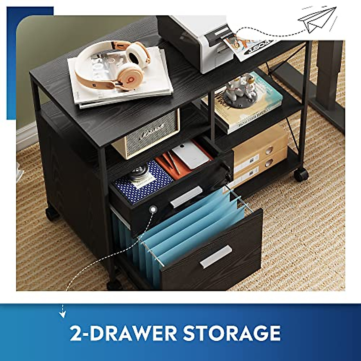 DEVAISE 2 Drawer Lateral File Cabinet with Lock, Mobile Printer Stand with Open Storage Shelf, Wood Filing Cabinet fits A4 or Letter Size for Home Office, Black