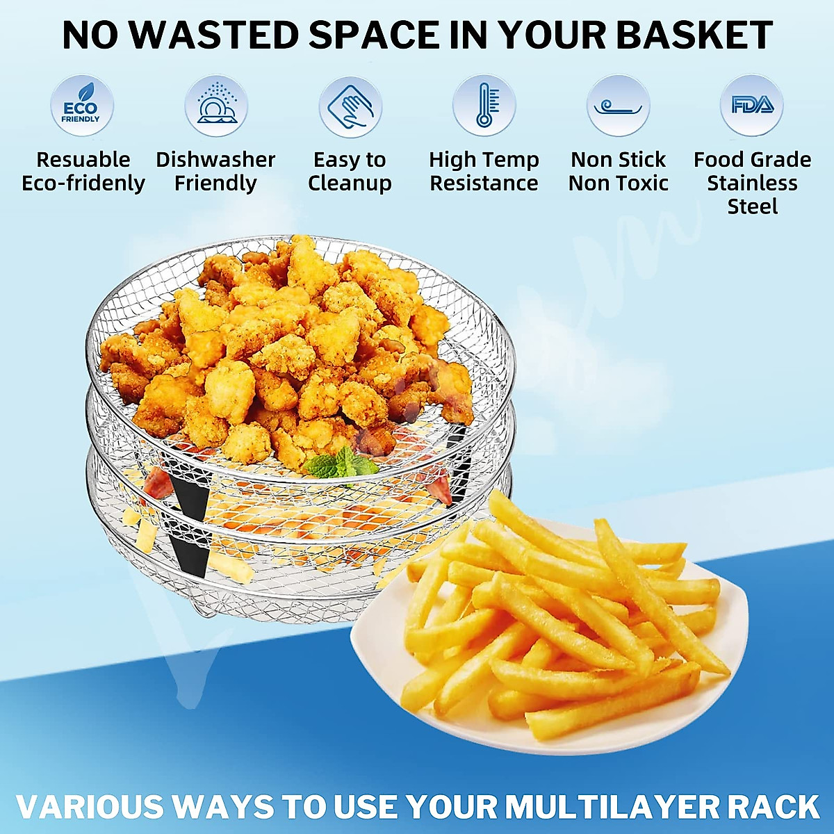 Air Fryer Accessories - Three Stackable Dehydrator Racks for Ninja, Instant Pot Vortex, COSORI, CHEFMAN, Gowise, Ultrean, Gourmia - 304 Stainless Steel Grill Rack Fits 4.2-5.8 QT Air Fryer, Oven