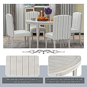 Voohek 5-Piece Round Dining Table Set, with Solid Wood Tapered Legs and 4 Upholstered Chairs w/Striped Fabric, for Kitchen, Living Room, Small Space, White