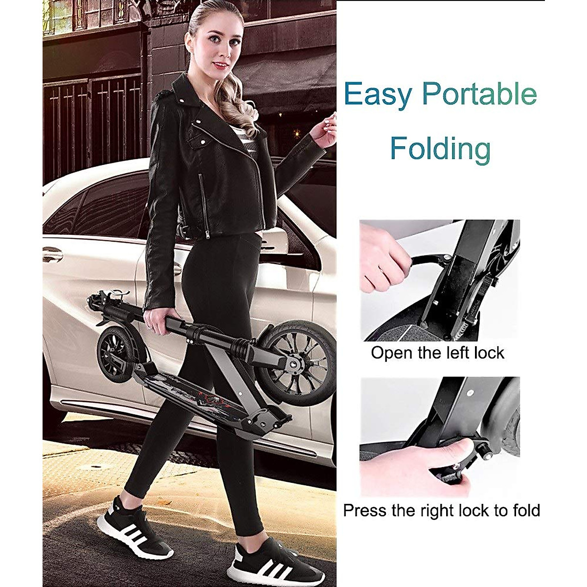 LXLA - Folding Adult Kick Scooter with Disc Handbrake, Big Wheels Dual Suspension Commuter Scooter, Adjustable Height, Supports 220lbs