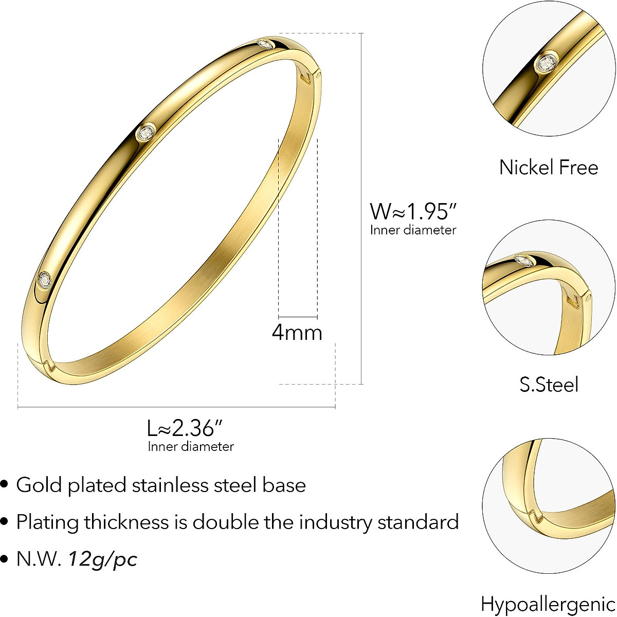 EF ENFASHION Trendy Oval shape Bangle Bracelet 14K Gold Plated Zirconia Stone Bangles Bracelets for Women Girls 58mm inner-dia.