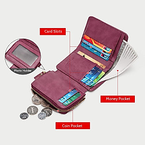 LAORENTOU Cow Leather Small Wallets for Women, Ladies Cute Zipper Purses Credit Card Holders Trifold Wallets for Women Coin Purses (01 Purple)