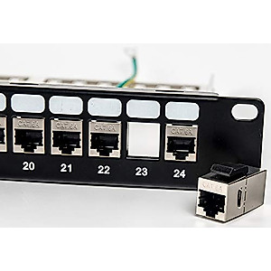 Detroit Packing Co. 24 Port CAT6A RJ45 Through Coupler Patch Panel with Back Bar, Wallmount or Rackmount, Compatible with Cat5, Cat5e, Cat6, Cat6A, UTP STP Cabling (CAT6a Shielded, 24-Port)