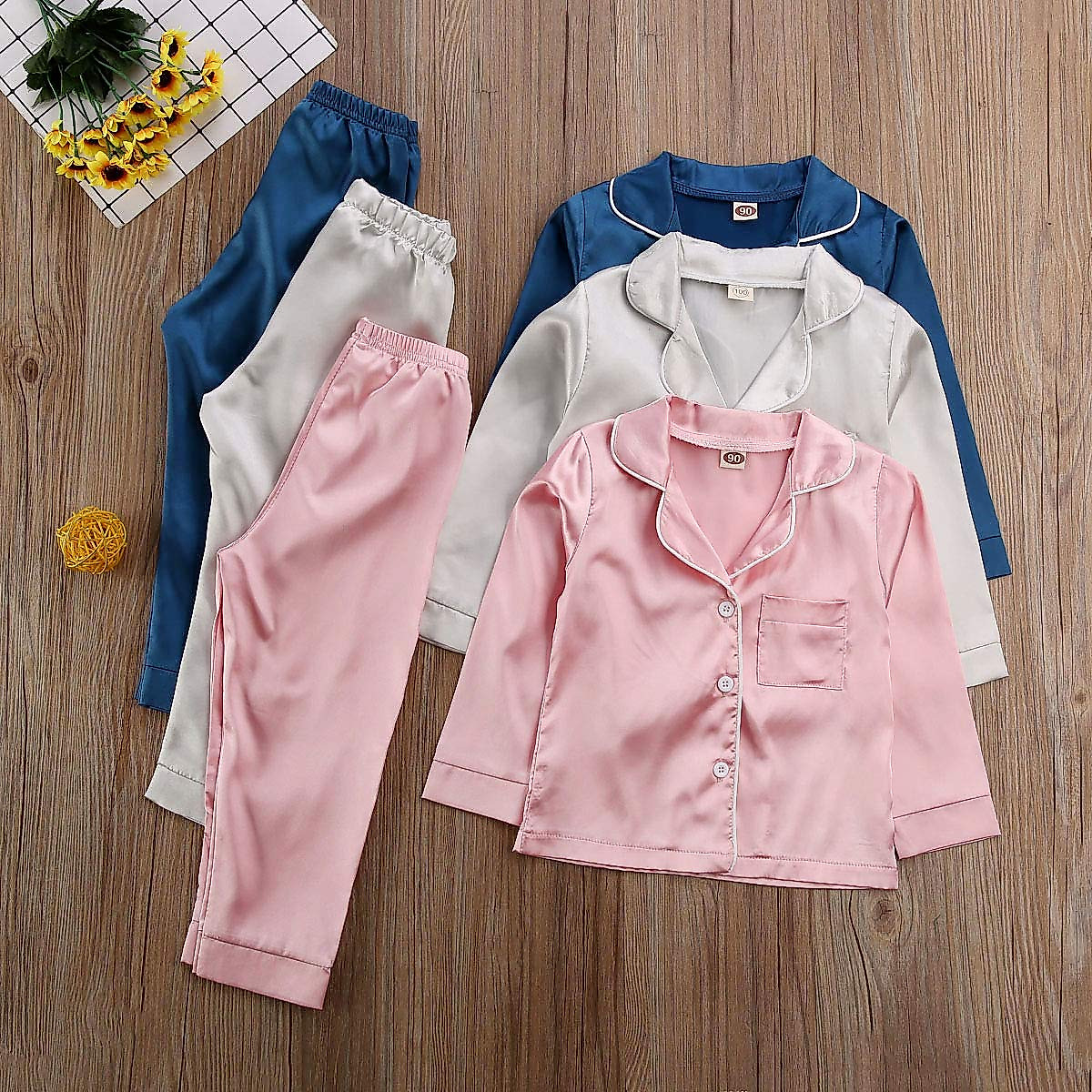 Toddler Baby Kids Satin Pajamas Set, Long Sleeve Button-Down Sleepwear PJs for Girls (3Y, A-Pink)