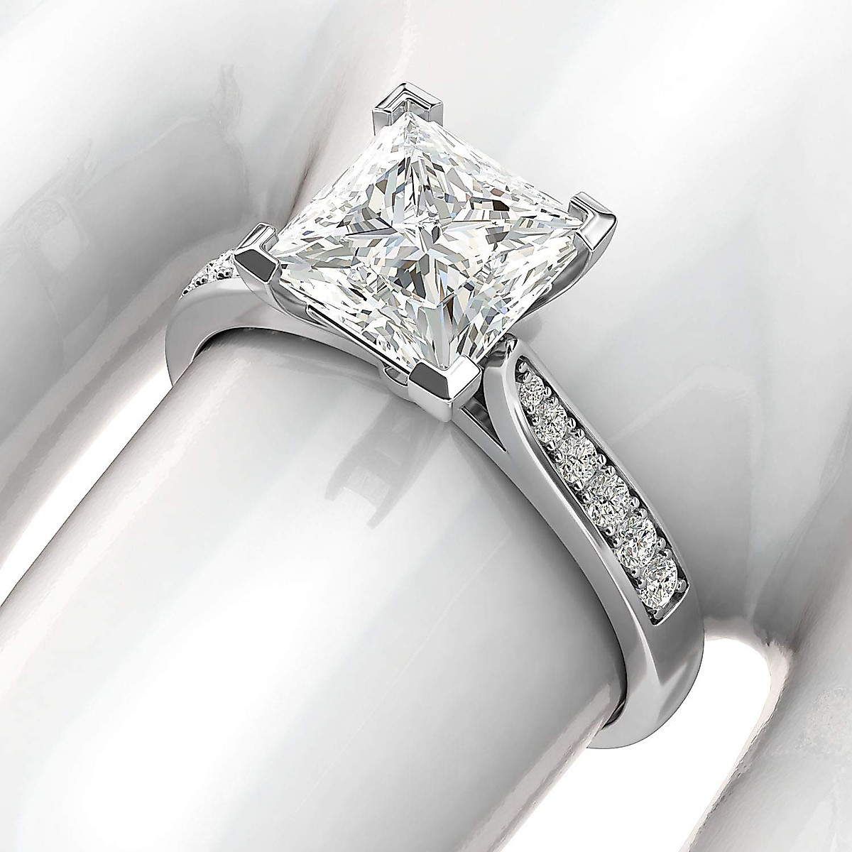 10k White Gold Solitaire 1.5ct Princess Cut Genuine Moissanite Engagement Ring with Side Stones Promise Bridal Ring (7.5)