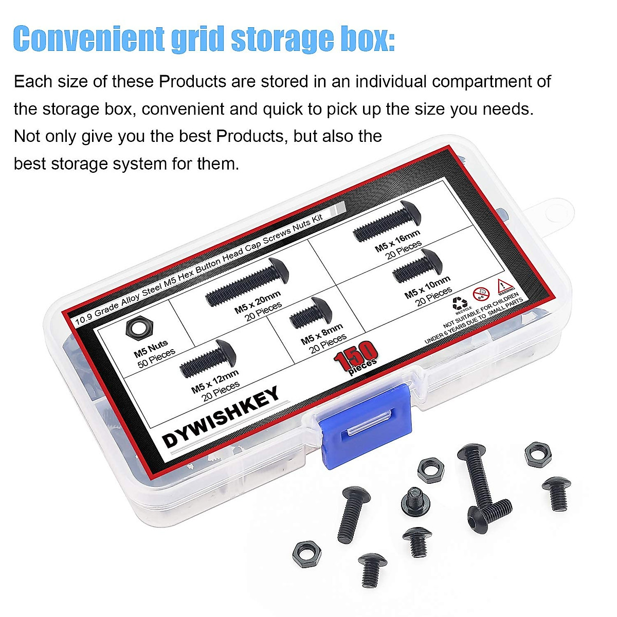 DYWISHKEY 150 Pieces M5 x 8mm/10mm/12mm/16mm/20mm, 10.9 Grade Alloy Steel Hex Button Head Cap Bolts Nuts Kit with Hex Wrench