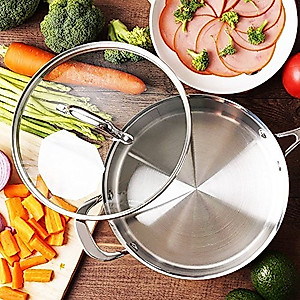 HOMICHEF 9.5 Inch Nickel Free Stainless Steel Saute Pan With Lid Induction Oven Safe - Premium Mirror Polished Copper Band Stainless Steel Pan With Glass Lid - 2.5 Quart Non Toxic Cookware Pans