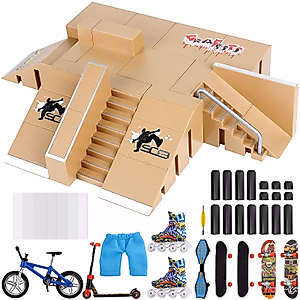 DaCool Fingerboard Skate Park Kit 19 PCS Fingerboard Ramps Mini Finger Toys Finger Skateboards Swing Board Finger Bike Scooter Roller Skates Fingerboard Skatepark Ramp Deck for Kids Gift