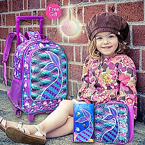 AGSDON 3PCS Rolling Backpack for Girls, Kids Roller Wheels Bookbag, Wheeled School Bag with Lunch Bag - Mermaid