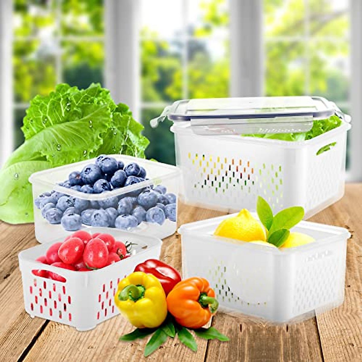 G · PEH Fruit Storage Containers for Fridge Fresh Container with Filterable Basket & Airtight Lid Vegetable and Fruit Saver Containers Refrigerator Organizer for Fruit Salad Lettuce Berry Meat
