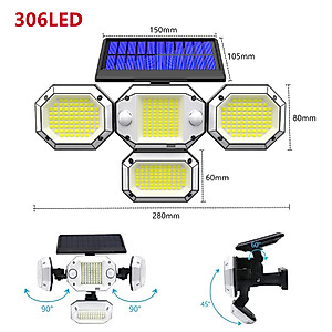 306 LED Solar Flood Light Security with Two PIR Motion Sensors IP65 Waterproof 4 Heads 3100Lum with Adjustable Spot Wall Light Garden Lighting (1Pack)