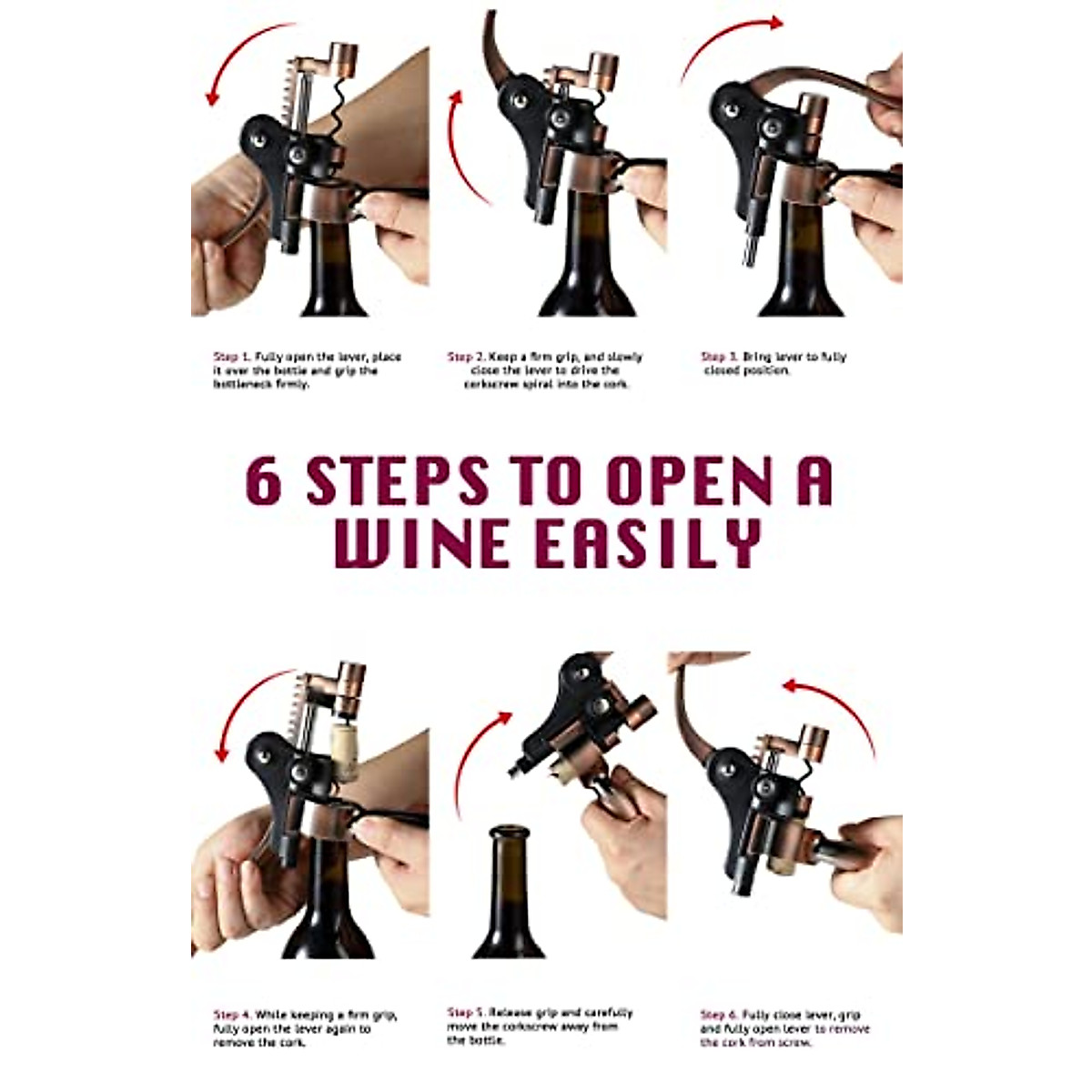 Wine Opener, KITESSENSU Easy Lever Wine Corkscrew with No-Stick Worm, 6-Piece Wine Bottle Opener Set with Foil Cutter, Bottle Stopper, Pourer, Extra Cork Screw and Base, Silver
