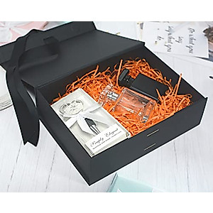 Black Luxury Magnetic Gift Box with Lid, Ribbons and Gift Bag, Medium Size-9.4x7x3 Inches, Great for Business, Christmas, New Year, Wedding, Birthdays, Groomsman, Husband, Presents Display and Packging