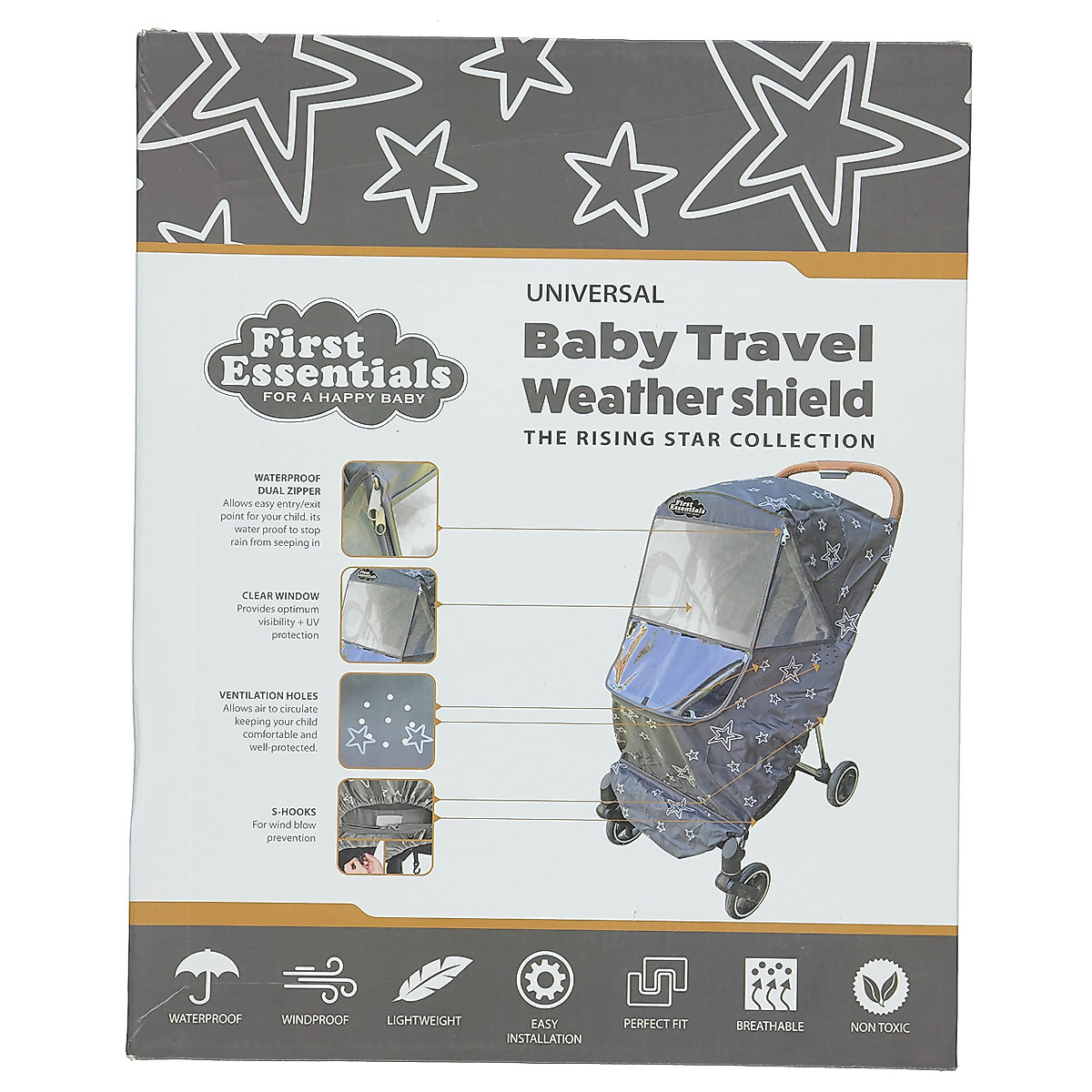 First Essentials Stroller Rain Cover Universal, Baby Travel Weather Shield, Windproof Waterproof, Protect from Dust Snow (Gray)