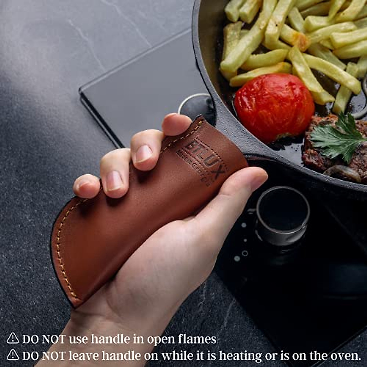 BTLUX Cast Iron Handle Cover, Set of 2 - Extra Thick Leather Heat Resistant Handle Holder for Cast Iron Skillets, Pans - 𝐌𝐚𝐝𝐞 𝐢𝐧 𝐆𝐞𝐨𝐫𝐠𝐢𝐚
