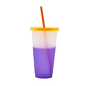 Water Cup, 720ml Temperature Mug Fashionable Color Changing Fixed Ring Straw Lid Type Water Bottle for Kitchen Purple One Size