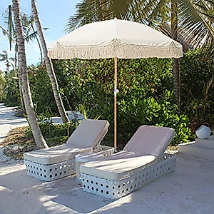 LefeDa 6.5FT Boho Umbrella With Fringe Beige Beach Umbrellas For Sand UV Protection Large Outdoor Umbrella Wooden Stanchions Patio Table Umbrella Waterproof Foldable 8 Ribs With Carry Bag