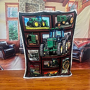 Green Tractor Machinery Front Flannel Back Sherpa Fleece Blanket Gift for Truck Driver Lover Wife Kids (X-Large 80 X 60 INCH)