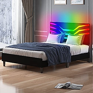BALUS Smart LED Platform Bed Frame with Headboard, Twin Size Upholstered Gaming Bed Frame with 16 Colors RGB Light and Remote Control, Wood Slat Support, Smart Bedroom Series (Twin)