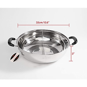 Lake Tian Stainless Steel Shabu Shabu Chinese Hot Pot With Lid, Dual Sided Yin Yang Hot Pot Pot with Divider Set Include 3 Pot Spoons, Divided Hotpot Pot, Portable, 鸳鸯火锅 (32cm/12.6″)