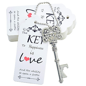 Makhry 52pcs Key Bottle Opener Wedding Party Favor Guest Vintage Craft Gift Set with Escort Thank You Tags Card Keychain (Antique Silver)
