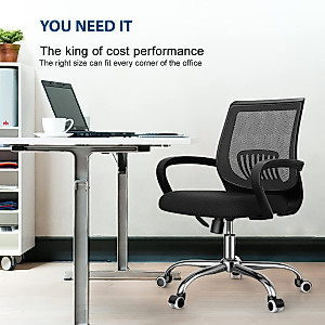 Black Office Desk Chairs with Lumbar Support, armrests Black Mesh Ergonomic Computer Chair can Lift and 360°Swivel, Made of Silver Aluminum Legs