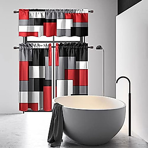 HAISUKA Red Kitchen Curtains Tiers and Valances Set of 3 Black Grey Red Kitchen Decor and Accessories Abstract Art Kitchen Window Curtains for Cafe Living Room