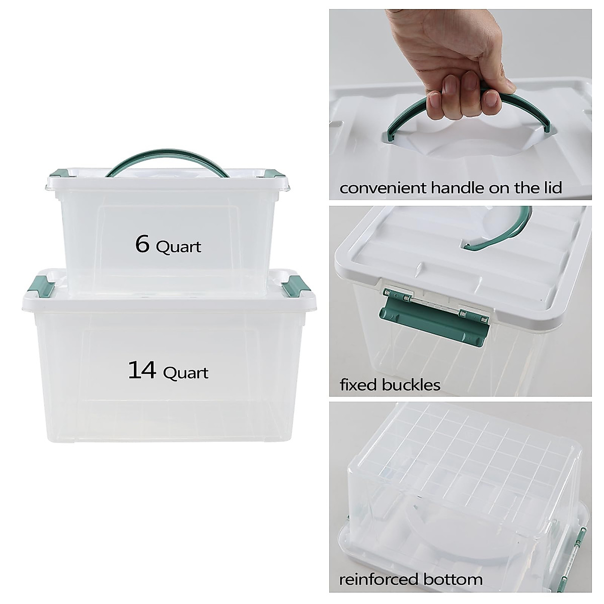 Wekioger 14 Quart & 6 Quart Plastic Latching Storage Boxes with Handle, 2-Pack Clear Lidded Storage Box Bin