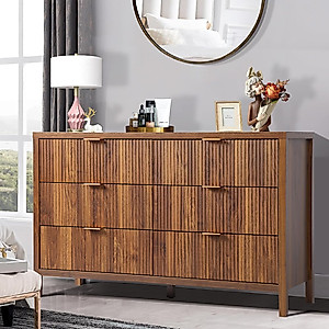 affeivul Mid Century Modern Dresser TV Stand, 6 Drawer Dresser for Bedroom Wood, Farmhouse Boho Storage Cabinet Side Table with Solid Natural Wood Legs, Long Wooden Dresser for Closet (Walnut)