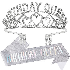 Birthday Queen Crown and Birthday Queen Sash Kit, Aprince Birthday Crowns for Women Girls Tiaras and Crowns for Women Birthday Tiara for Girl Silver Crown and Silver Sash for Women 21st Crystal Crown