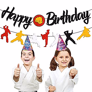 Karate Birthday Banner Taekwondo Themed Happy Birthday Decorations for Men Women Kids Boy Girl Bday Party Decorations Black Glitter Supplies