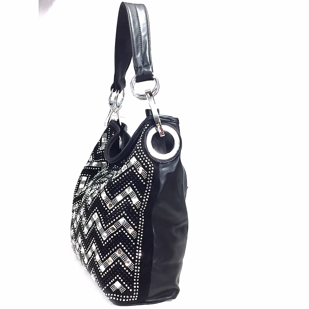 Zzfab Sparkle Gem Chevron Rhinestone Hobo Bag Black