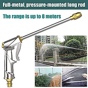 Upgrade Long Rod Garden Hose Nozzle High Pressure 360° Rotaing Brass Metal Water Adjustmen Sprayer Gun for Car Washing, Plants and Lawn, Patio Gardening, Pets Shower (Hose Nozzle + Quick Connector)