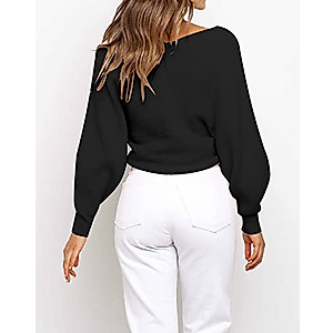 ZCSIA Women's Wrap V Neck Cropped Sweaters 2023 Fall Long Sleeve Cross Front Off Shoulder Solid Knitted Pullover Tops,Black,XLarge