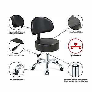 Lilfurni Black Lift Swivel Rolling Stool Round Chair,Thick Sturdy Padding,Adjustable Stool with Wheels for Doctor,Medical,Massage Salon,Office,Shop(with Back, Black)