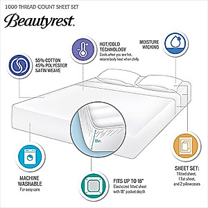 Beautyrest 1000 Thread Count, Solid Color Sheet Set, Elastic Deep Pocket, All Season, Breathable, HeiQ Smart Temperature, Soft Cotton Blend Bedding, Matching Pillowcase, Queen White 4 Piece