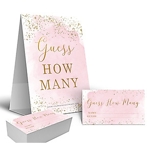 Your Main Event Prints Pink and Gold How Many Kisses Game Sign - Guess How Many - Perfect for Bridal Showers and Weddings - 1 Self-Standing Sign and 50 Guessing Cards