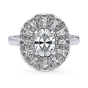 BERRICLE Sterling Silver Halo Oval Cut Cubic Zirconia CZ Art Deco Cocktail Fashion Ring for Women, Rhodium Plated Size 7