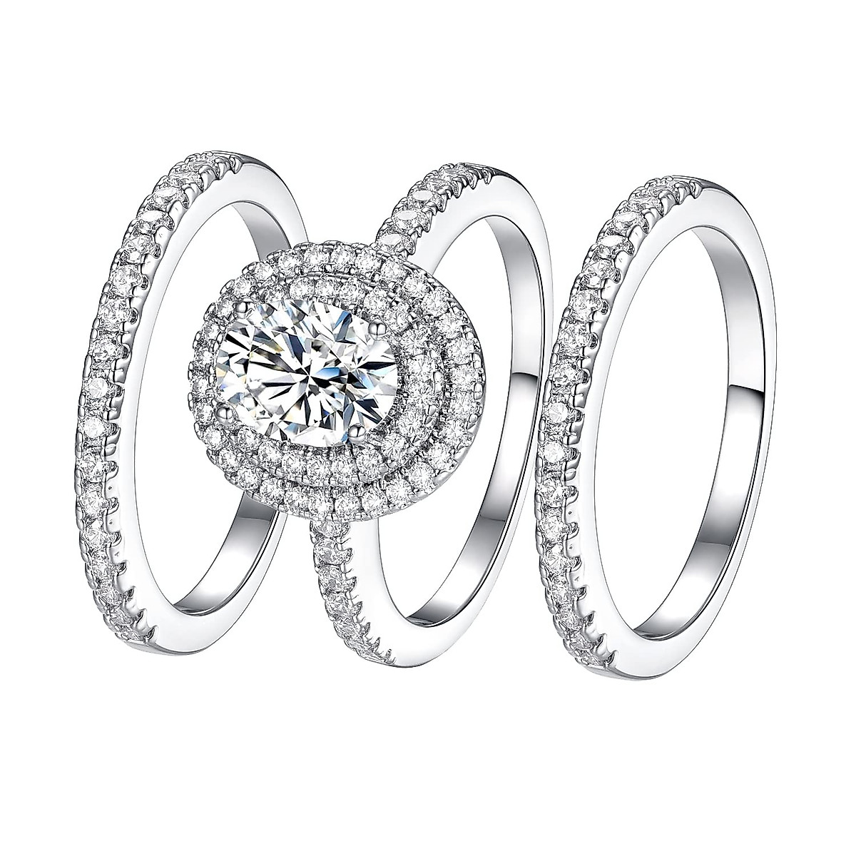 LGYIC 18K White Gold Plated Three-in-One Oval Cut Cubic Zirconia Ring Halo Wedding Engagement Bride Rings Set for Women (10)