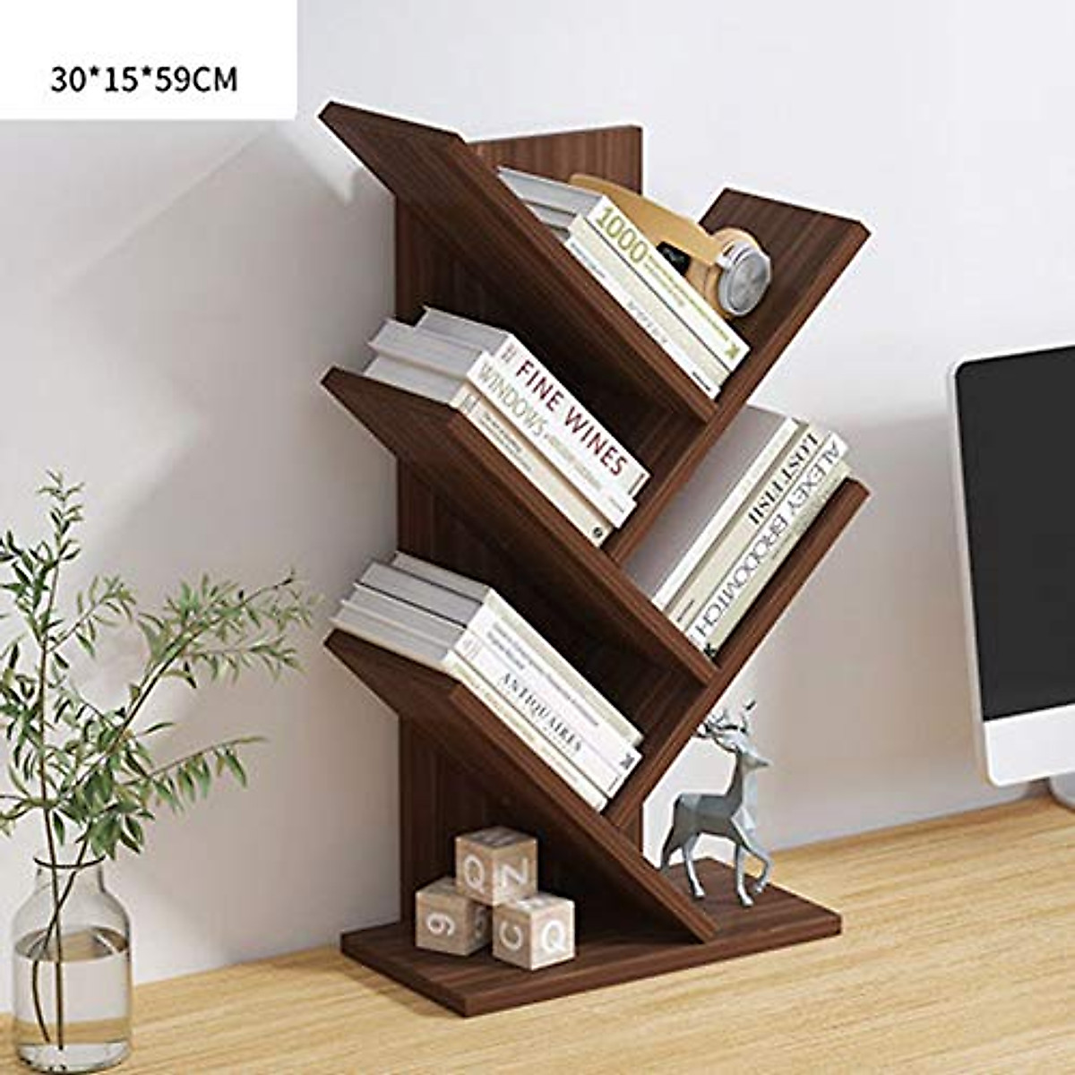 Desktop Bookshelf Desk 4-Tier Book Storage Organizer Shelves Tree Bookshelf, Floor Standing Bookcase, Wood Storage Rack for Office Home School Shelf Display Creative Bookcas (Dark Brown)