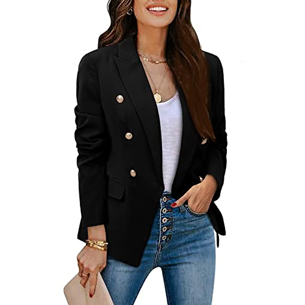 CRAZY GRID Womens Lapel Double Breasted Blazer Jackets Open Front Business Casual Suit Jacket Long Sleeve Dressy Blazer Ladies Work Office Blazer Black X-Large