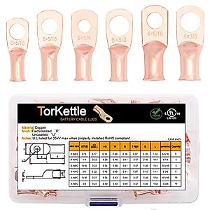 Copper Battery Ring Terminal Connectors,UL Listed AWG Cable Wire Lugs Ends Assorted 6 Sizes Kit-40PCS,Marine Grade Wiring Eyelets